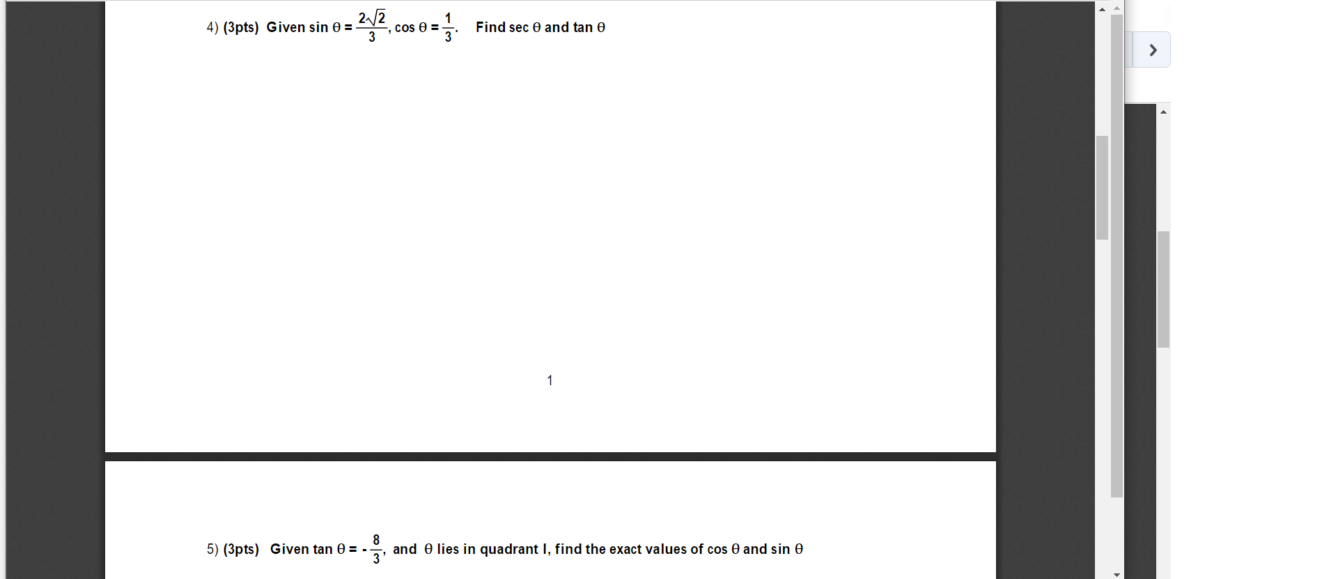 Solved 4) (3pts) Given sin 0 =- 272,cos e } Find seco and | Chegg.com Solved 4) (3pts) Given sin 0 =- 272,cos e } Find seco and | Chegg.com