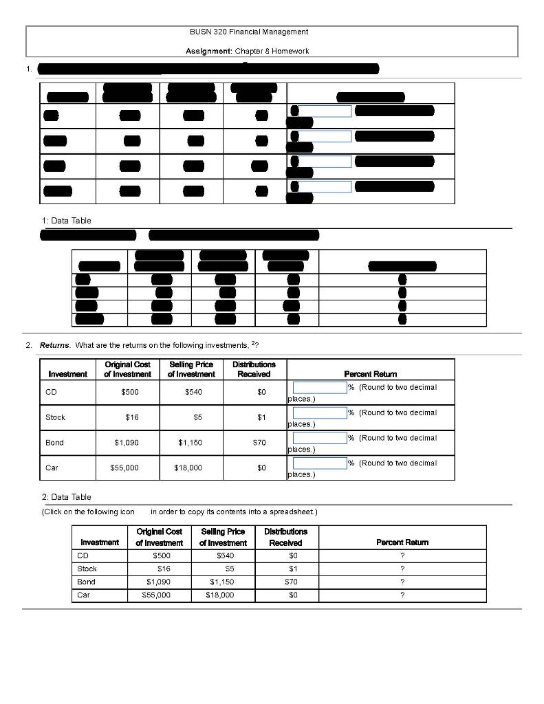 Solved 1: Data Table 2. Returns. What are the returns on the | Chegg.com