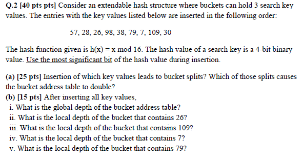 Solved Q.2 [40 pts pts] Consider an extendable hash | Chegg.com