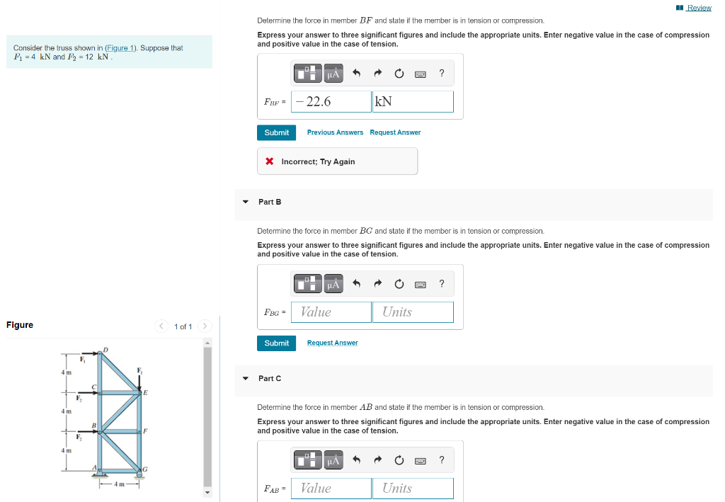Solved Determine the force in member BF and state if the | Chegg.com