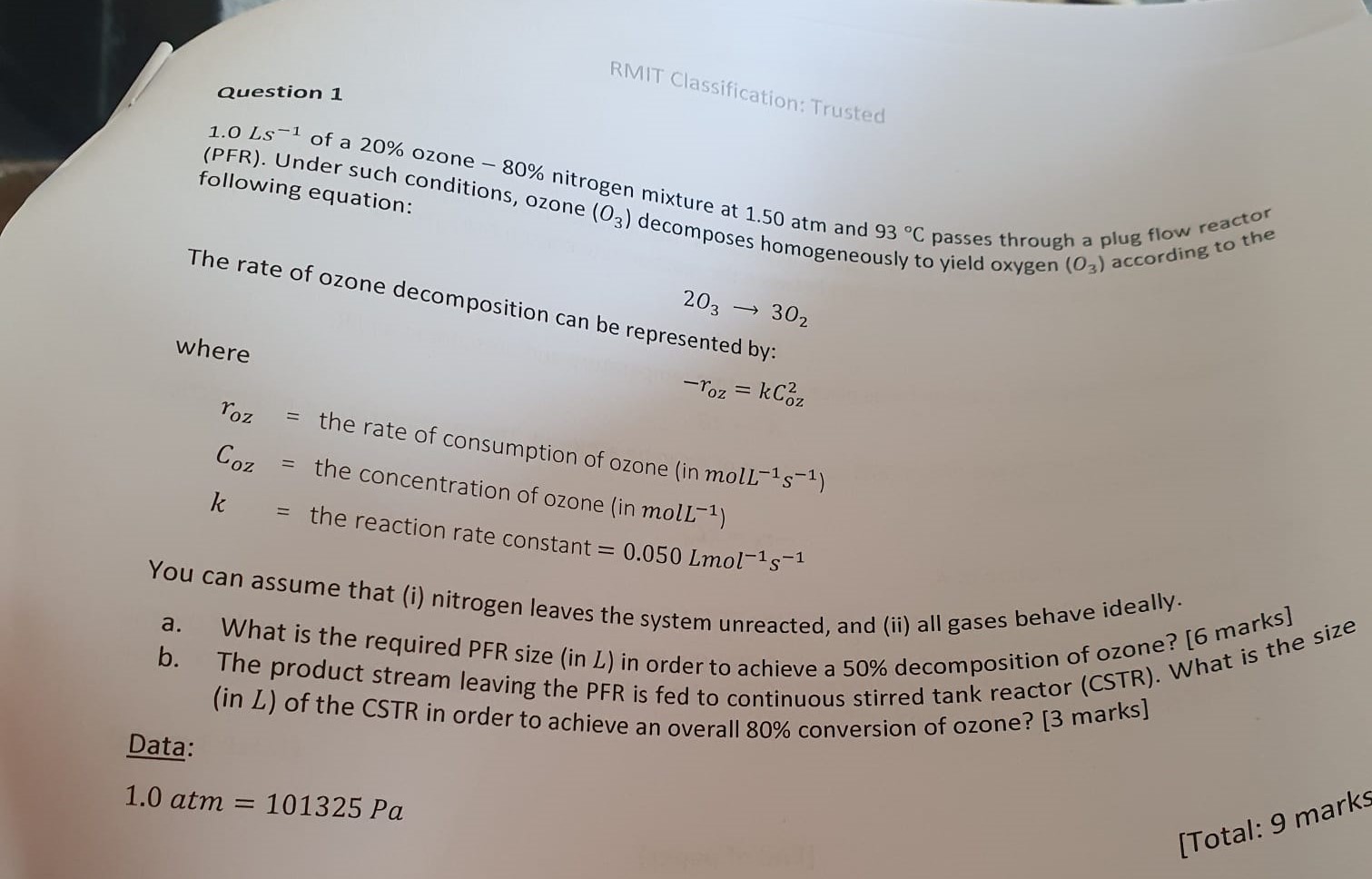 Solved Question 1 1.0 Ls−1 of a 20% ozone- 80% nitrogen | Chegg.com