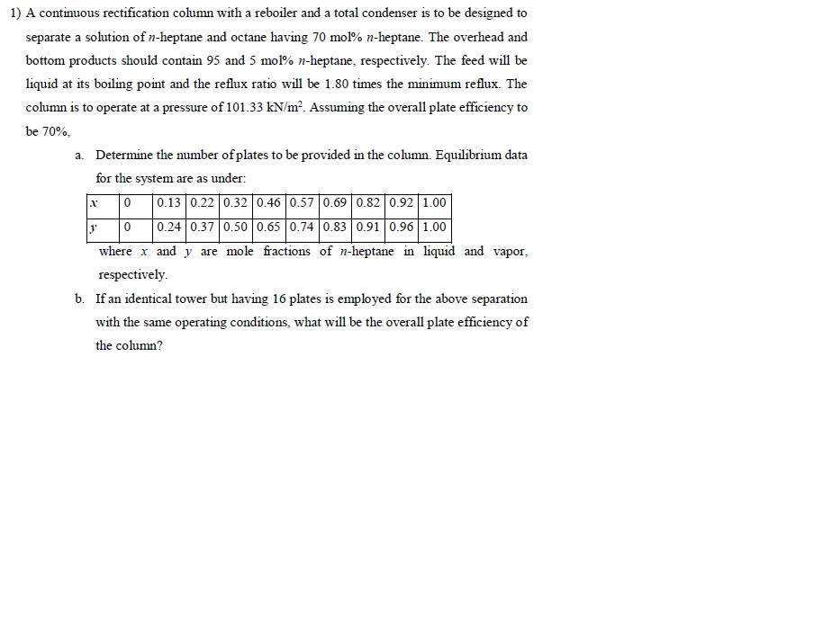 Solved 1) A continuous rectification column with a reboiler | Chegg.com