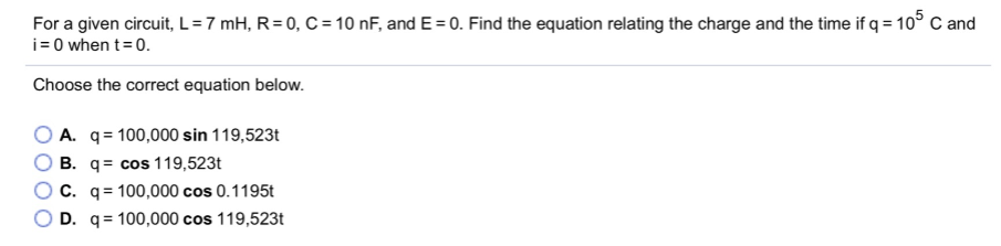 Solved For a given circuit, L=7mH,R=0,C=10nF, and E=0. Find | Chegg.com