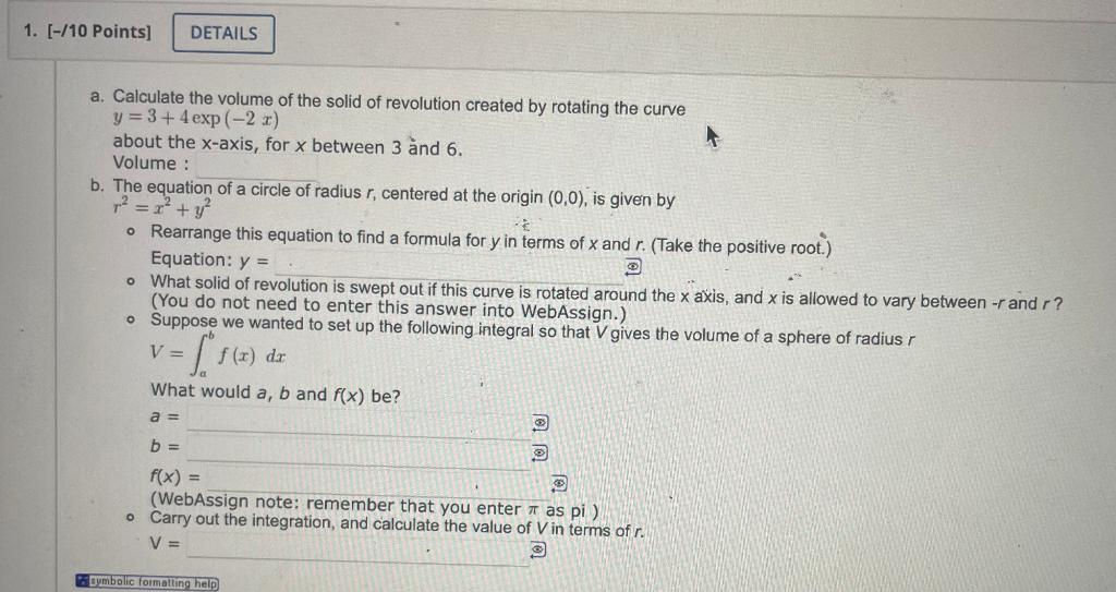 a. Calculate the volume of the solid of revolution | Chegg.com