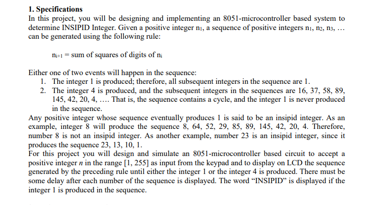 Solved 1. Specifications In this project, you will be | Chegg.com