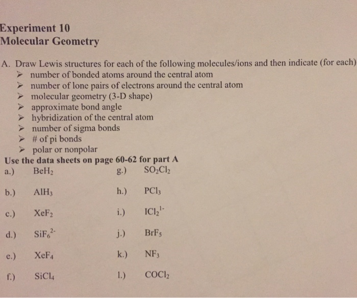 Solved Experiment 10 Molecular Geometry A. Draw Lewis | Chegg.com