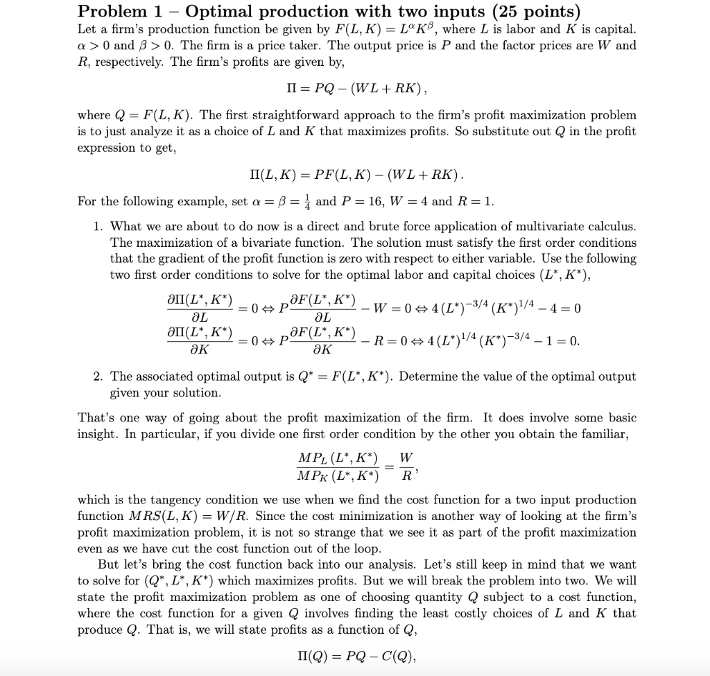 Problem 1 – Optimal production with two inputs (25 | Chegg.com