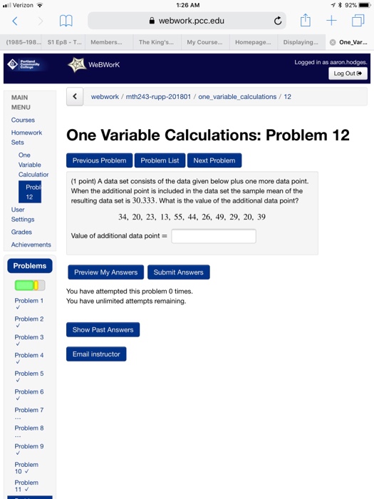 Solved ..11 Verizon 1:26 AM イ* 92% ! webwork.pcc.edu | Chegg.com