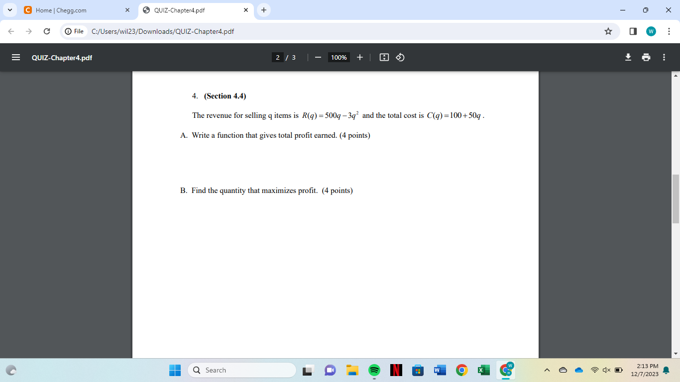 Solved The revenue for selling q items is R(q)=500q−3q2 and | Chegg.com