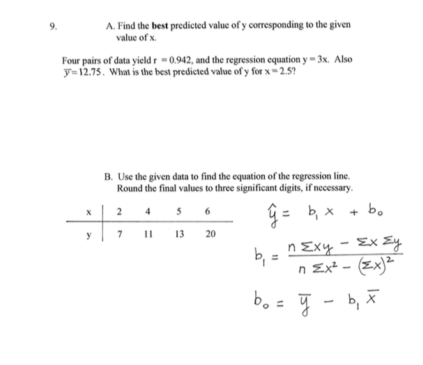 Solved 9. A. Find the best predicted value of y | Chegg.com