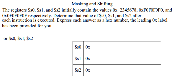 Solved Masking and Shifting The registers $s0, $s1, and $s2 | Chegg.com