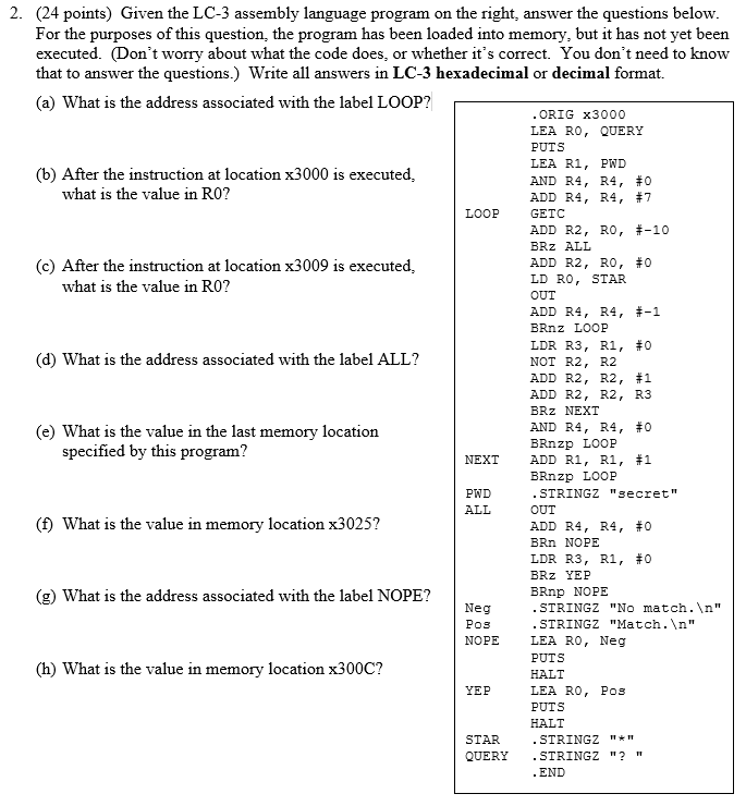 Solved 24 Points Given The Lc 3 Assembly Language Program 3615