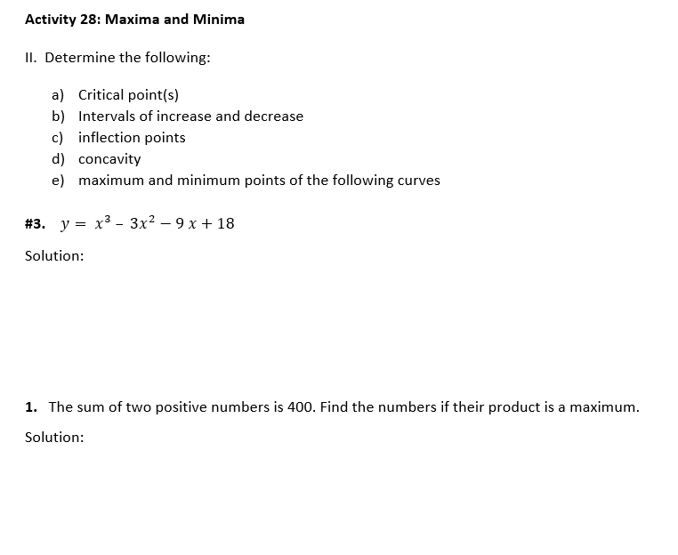 Solved Activity 28: Maxima and Minima II. Determine the | Chegg.com