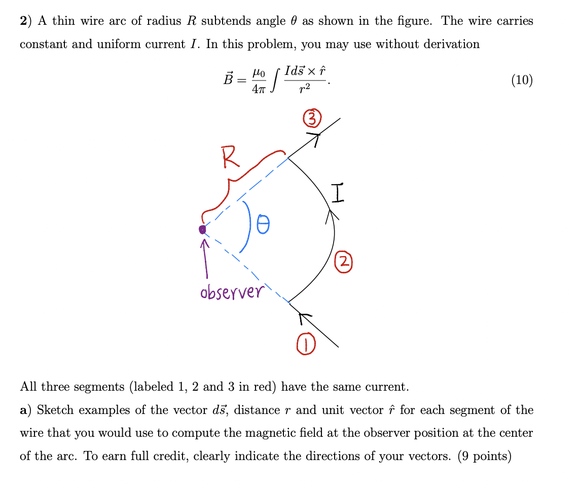 Solved 2) A thin wire arc of radius R subtends angle θ as | Chegg.com