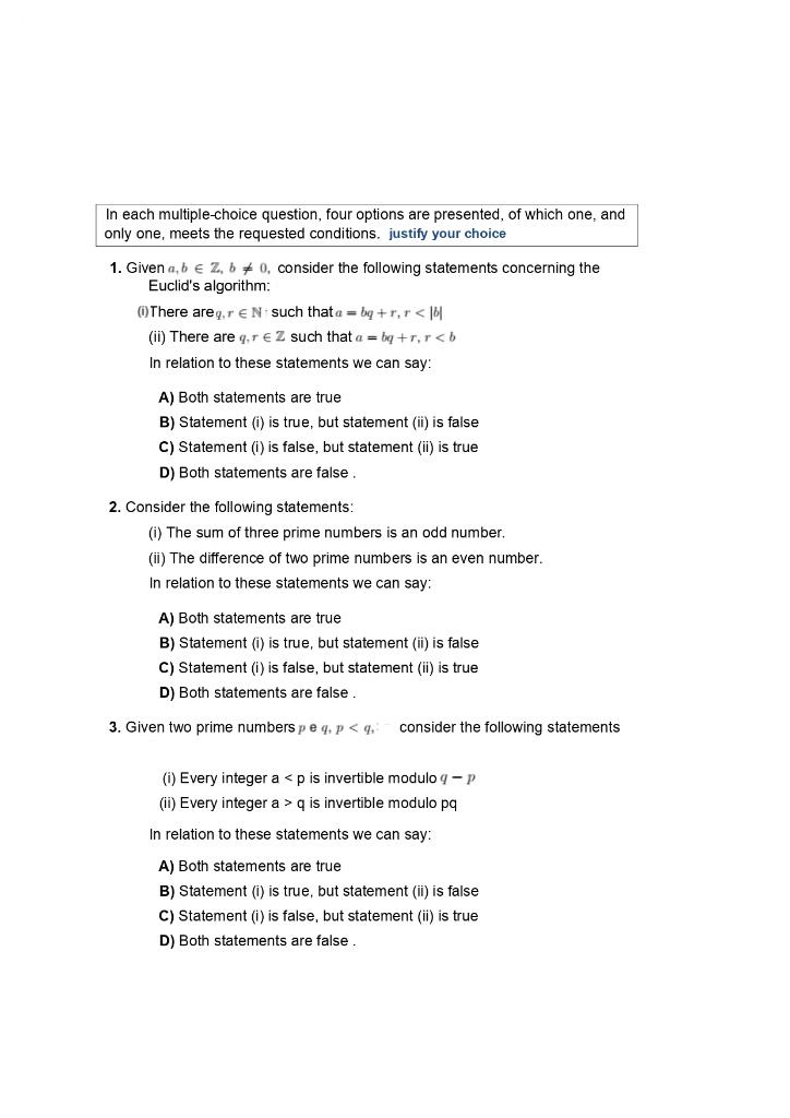 Solved In each multiple-choice question, four options are | Chegg.com