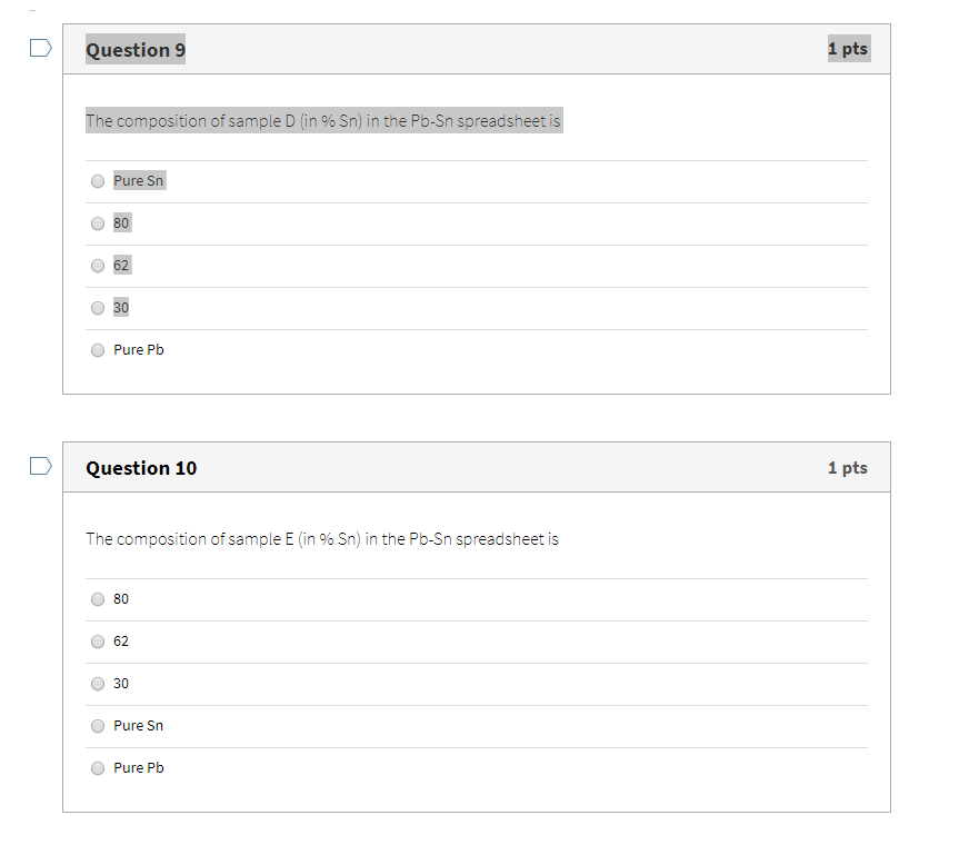 Question 9 1 pts The composition of sample D in % Sn) | Chegg.com