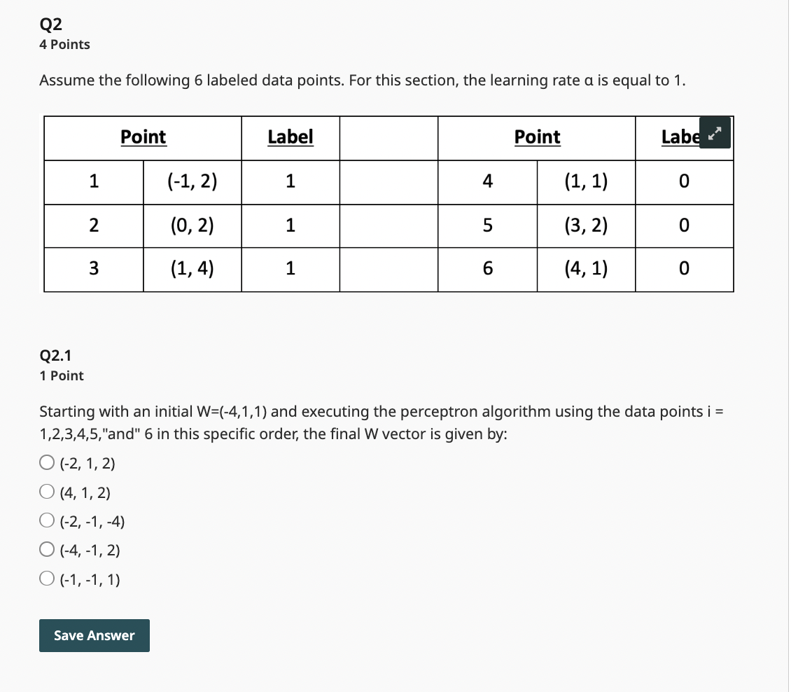 Solved Q2 4 Points Assume the following 6 labeled data | Chegg.com