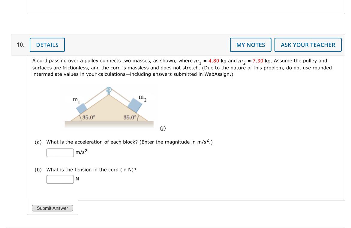 Solved A cord passing over a pulley connects two masses, as | Chegg.com