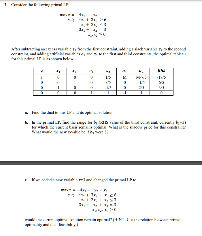 Solved 2. Consider the following primal LP: max z = - 4x1 - | Chegg.com