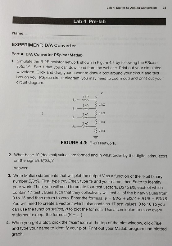 Lab 4: Digital-to-Analog Conversion 73 Lab 4 Pre-lab | Chegg.com
