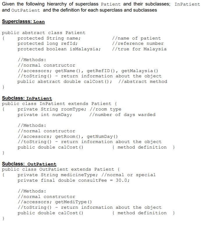 Solved Given the following hierarchy of superclass Patient | Chegg.com