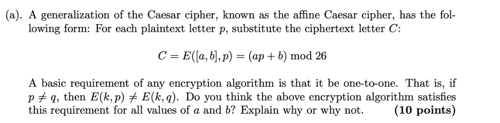 Solved (a). A generalization of the Caesar cipher, known as | Chegg.com
