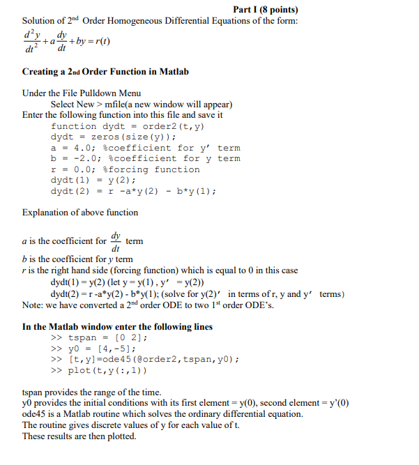 Solved Part I (8 points) Solution of 2nd Order Homogeneous | Chegg.com