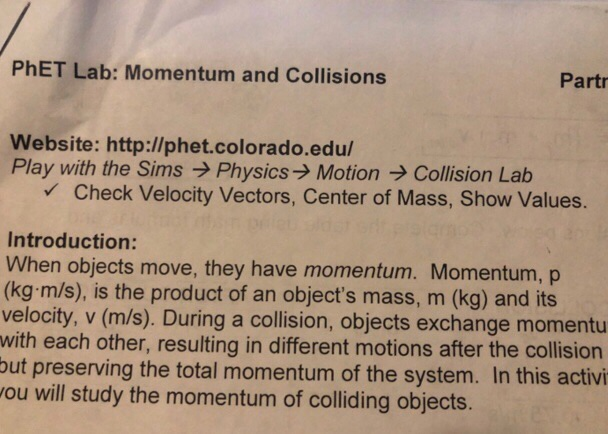 Solved PhET Lab: Momentum and Collisions Part Website: | Chegg.com