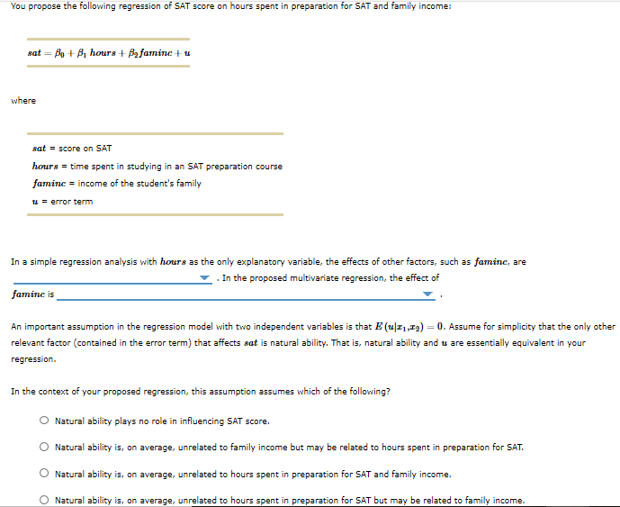Solved You propose the following regression of SAT score on | Chegg.com
