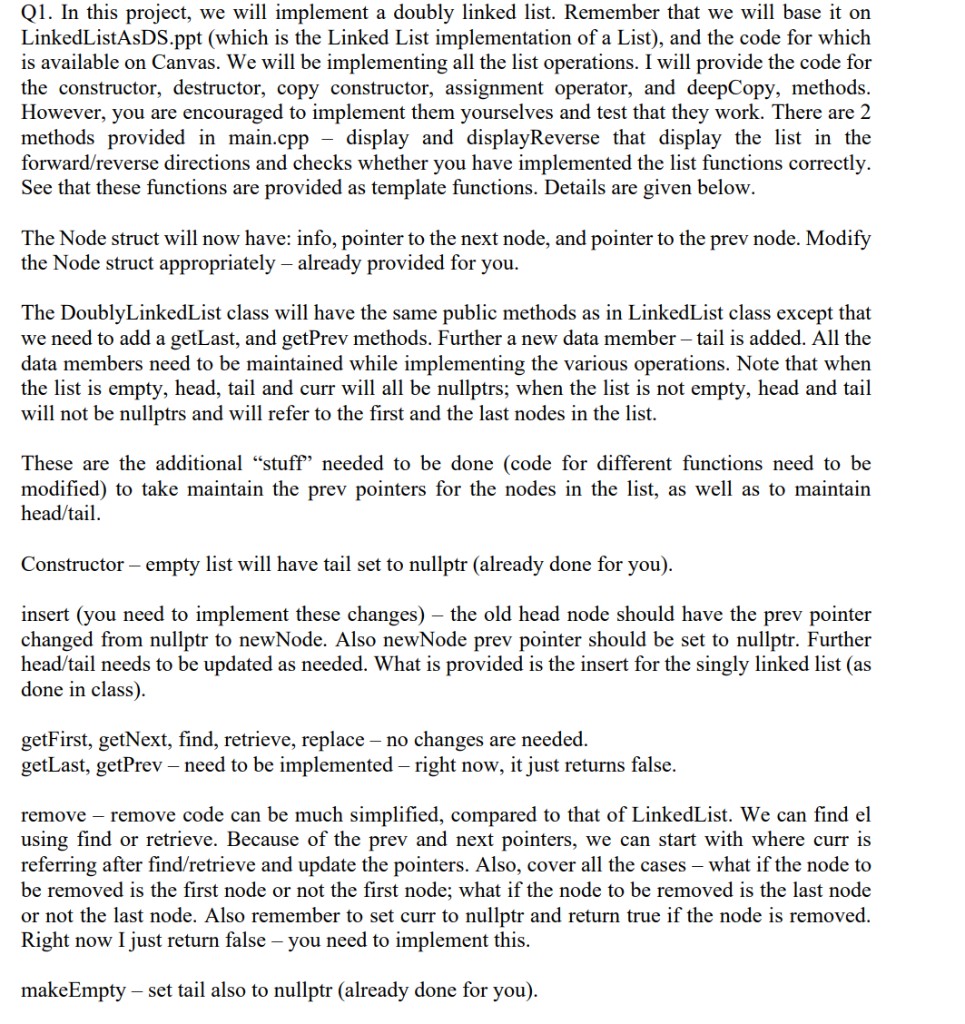 Solved Q1. In this project, we will implement a doubly | Chegg.com