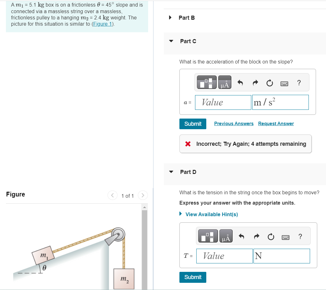 Solved A m1=5.1 kg box is on a frictionless θ=45∘ slope and | Chegg.com