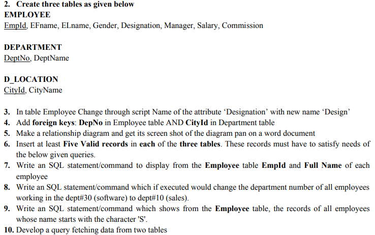 Solved 2. Create three tables as given below EMPLOYEE Empld, | Chegg.com