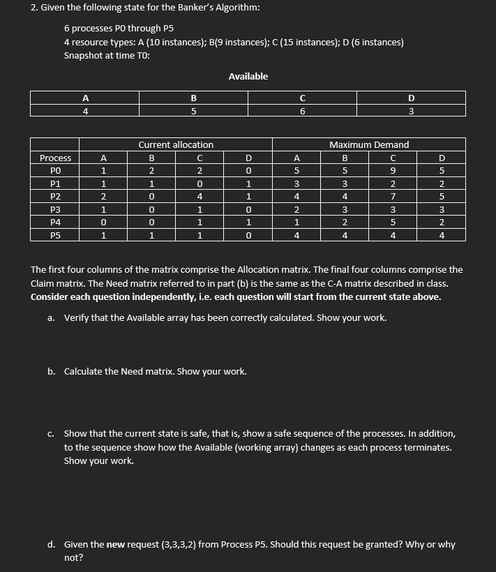 Solved 2. Given the following state for the Banker's | Chegg.com