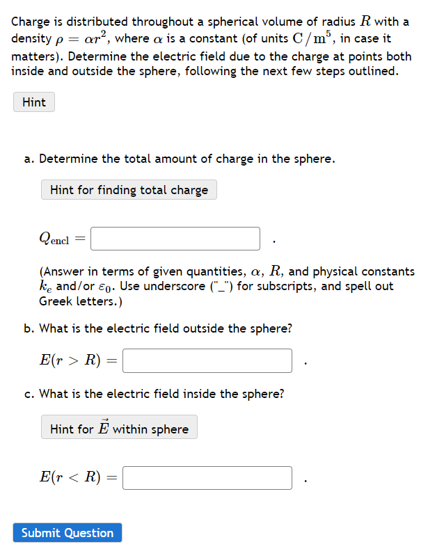 Solved Charge is distributed throughout a spherical volume | Chegg.com