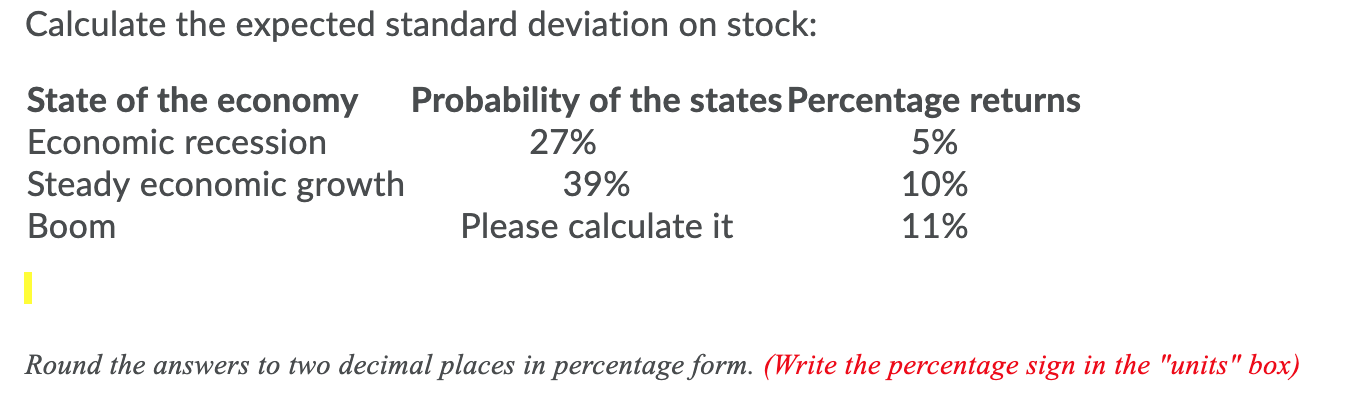 Solved Calculate the expected standard deviation on stock: | Chegg.com
