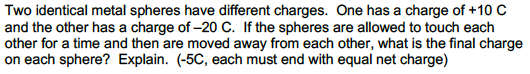 Solved Two identical metal spheres have different charges. | Chegg.com