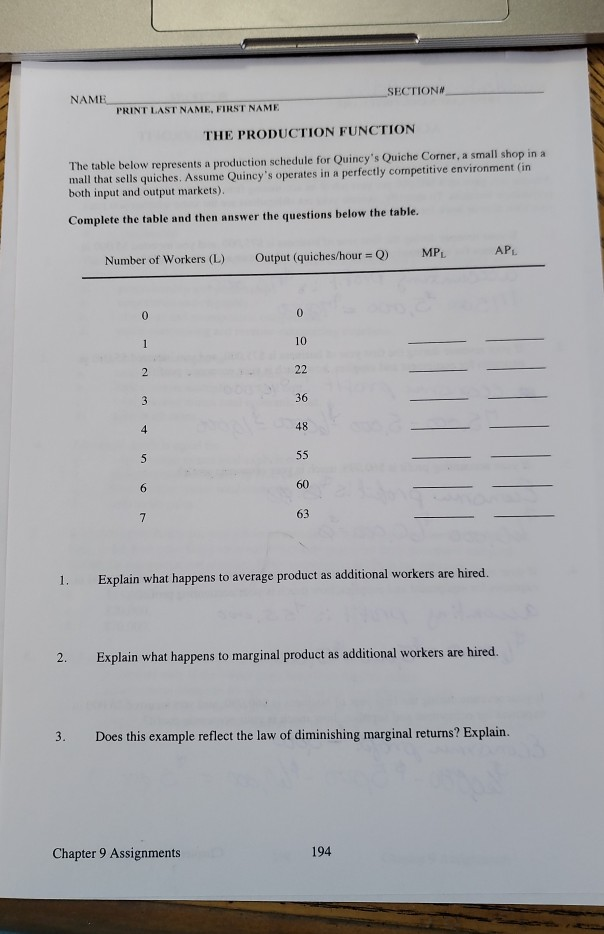 Solved SECTION NAME PRINT LAST NAME, FIRST NAME THE | Chegg.com