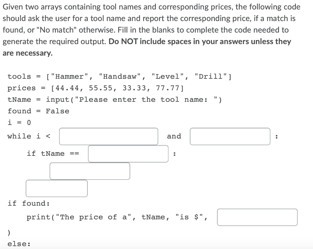 Solved Given two arrays containing tool names and | Chegg.com