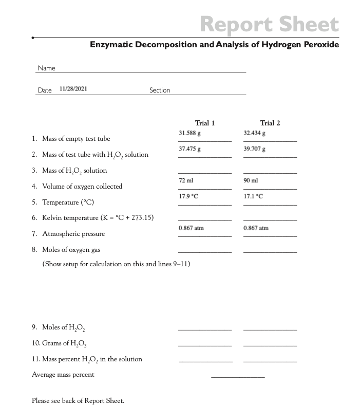 Solved Report Sheet Enzymatic Decomposition and Analysis of | Chegg.com