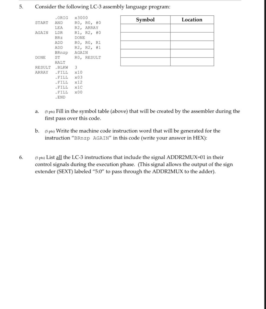 5. Consider the following LC-3 assembly language | Chegg.com