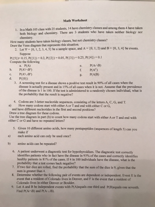 Solved Math Worksheet 1. In a Math 105 class with 25 | Chegg.com