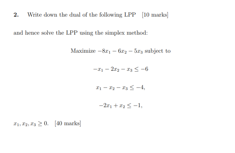 Solved 2. Write down the dual of the following LPP [10 | Chegg.com