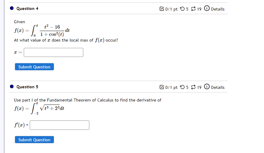 Solved f(x)=∫0x1+cos2(t)t2−16dt At what value of x does the | Chegg.com