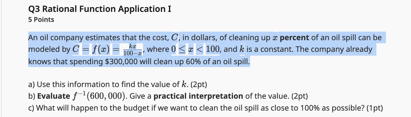 Solved Q3 Rational Function Application I 5 Points An oil | Chegg.com