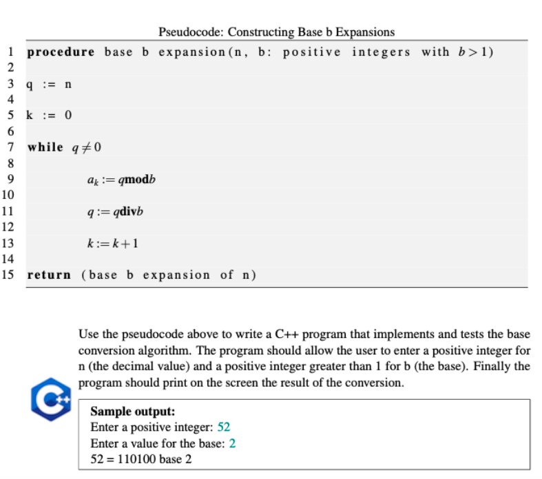 Solved Pseudocode Constructing Base B Expansions 1 