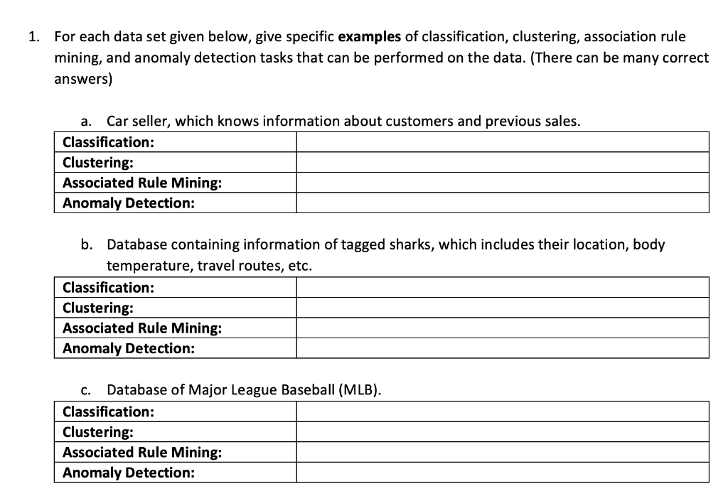 Solved For each data set given below, give specific examples | Chegg.com