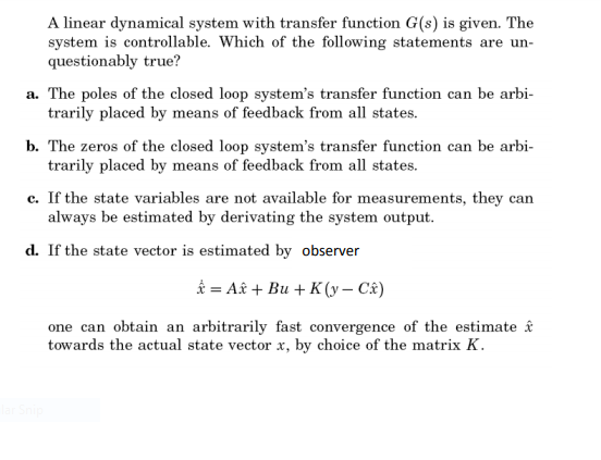 Solved A linear dynamical system with transfer function G(8) | Chegg.com