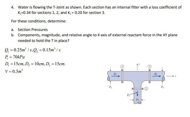 Solved 4. Water is flowing the T-Joint as shown. Each | Chegg.com