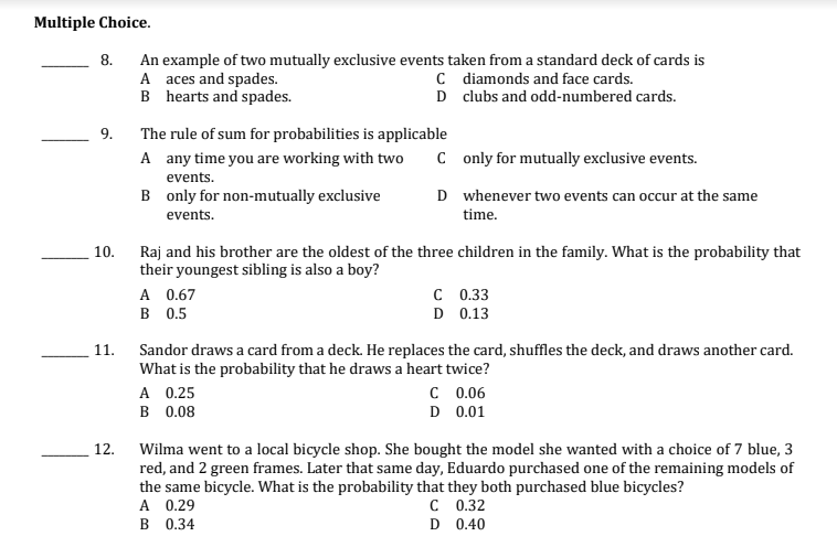 Solved Multiple Choice. 8. 9. An example of two mutually | Chegg.com
