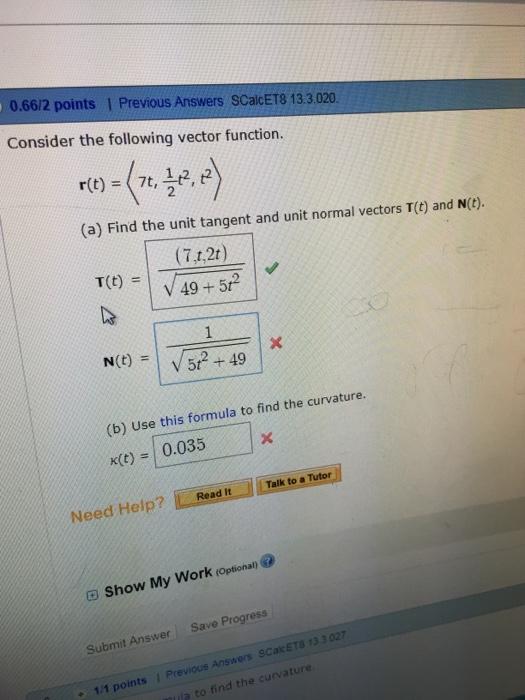 Solved 0.66/2 points | Previous Answers SCalcET8 13.3.020 | Chegg.com